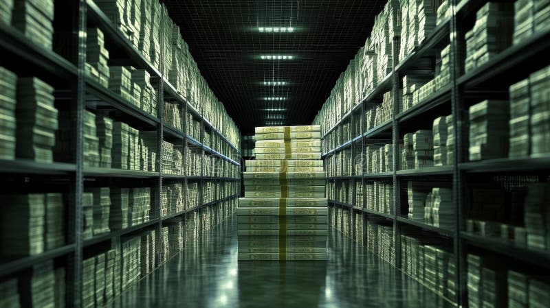 Vast Warehouse Filled with Stacks of Money Stock Illustration ...