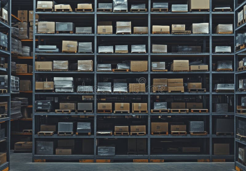 Organized Warehouse Interior with Metal Shelving and Cardboard Boxes ...