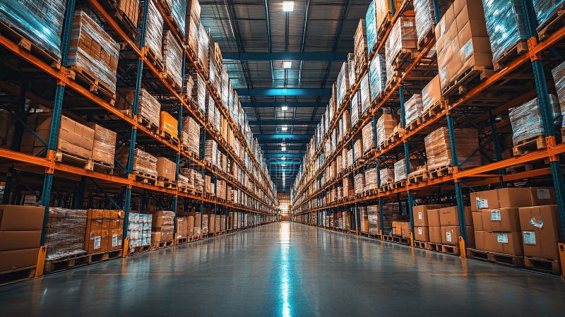 Vast Warehouse Interior with High Shelves Full of Cardboard Boxes ...
