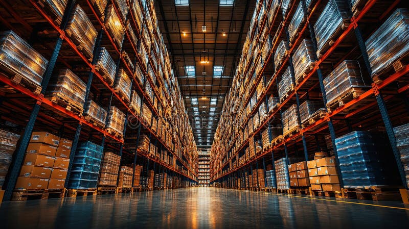 Vast Warehouse Interior with High Shelves Full of Packaged Goods Stock ...