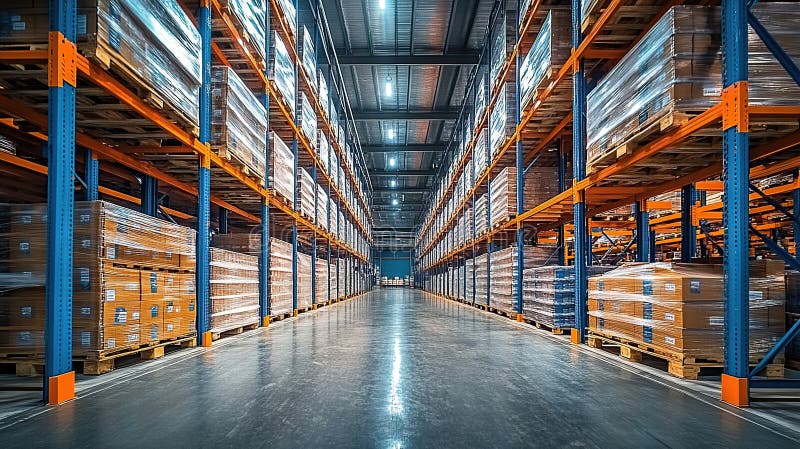 Vast Warehouse Interior: Rows of Orange and Blue Storage Racks Filled ...