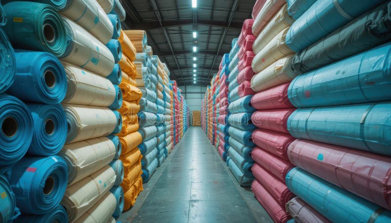Vast Warehouse Interior Showcasing Immense Rolls of Vibrant Industrial ...