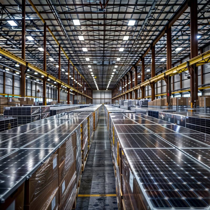 Vast Warehouse Interior Showcasing Solar Panels and Industrial Racking ...