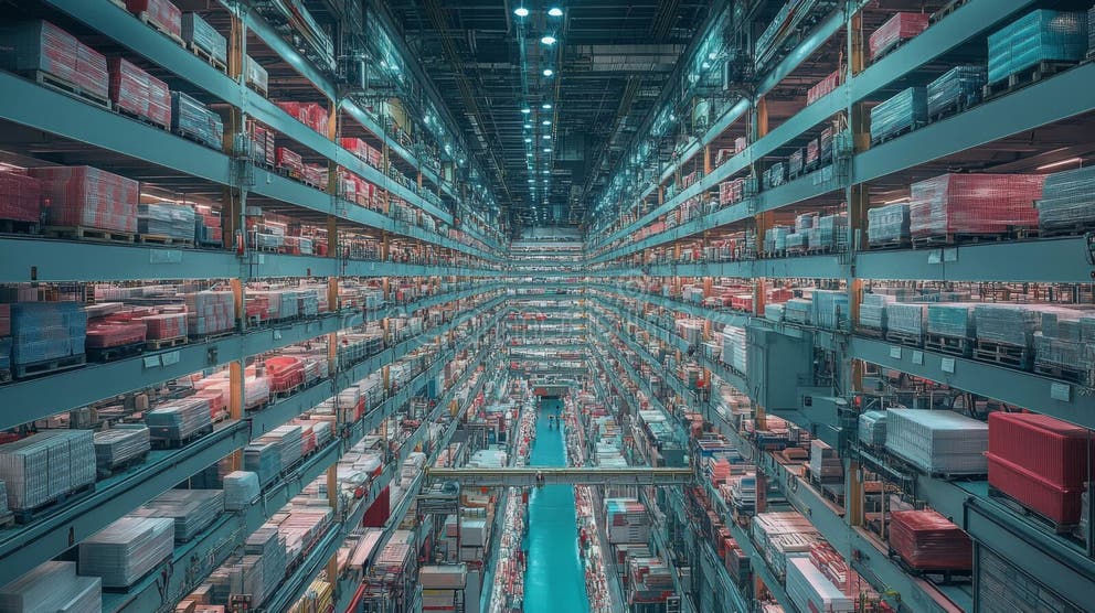 Vast Warehouse Inventory Storage: High Rows of Shelving Stock ...