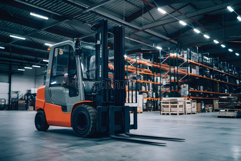 Vast Warehouse with Orange Forklift, Dim Lighting, Shelves Stock ...