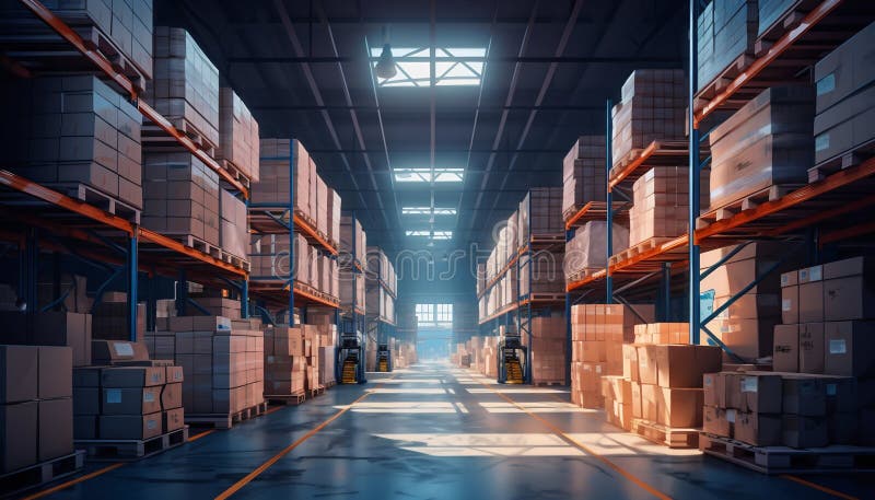 Vast Warehouse with Rows of Shelves Stacked with Boxes. Generative Ai ...