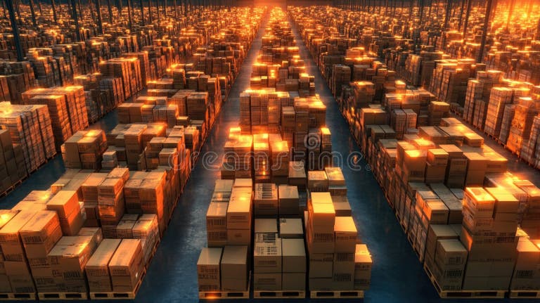 Vast Warehouse with Sunlit Cardboard Boxes in Endless Rows at Sunset ...