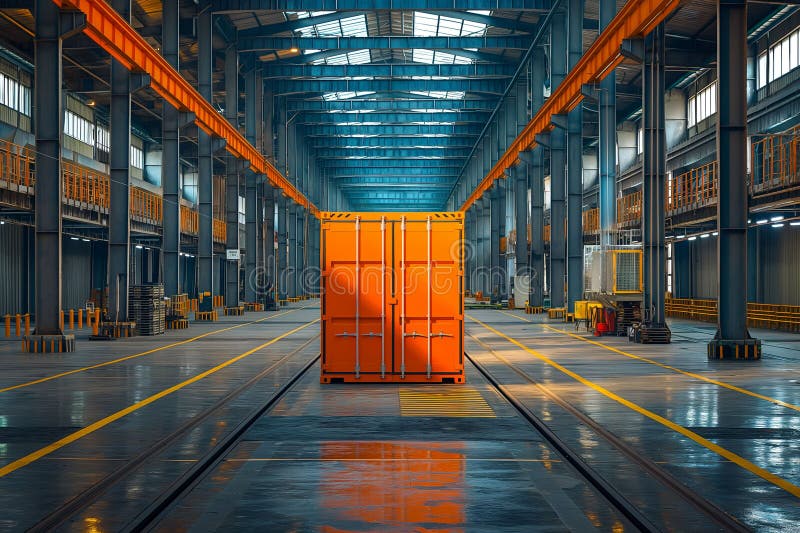 A Vast Warehouse with Tall Orange Containers Illuminated by Artificial ...