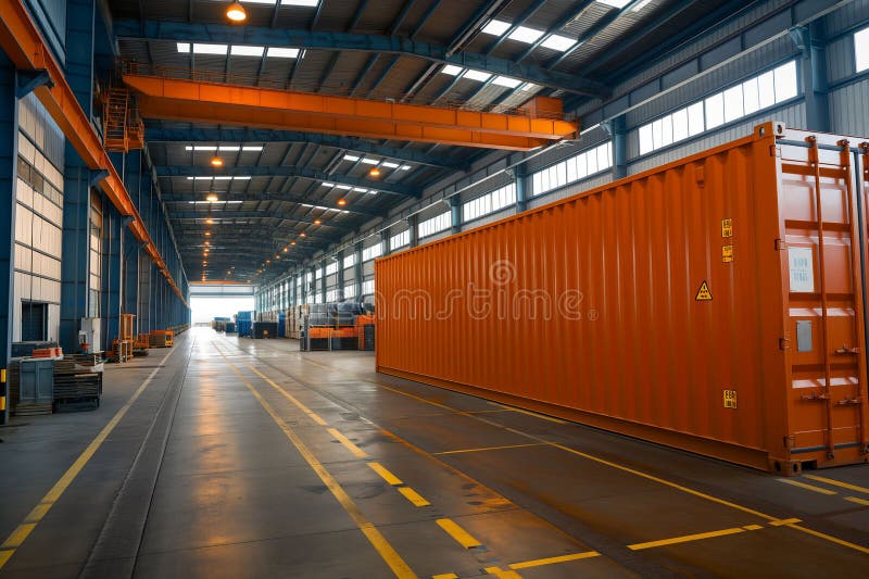 A Vast Warehouse with Tall Orange Containers Illuminated by Artificial ...