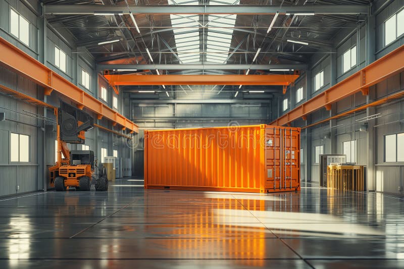 A Vast Warehouse with Tall Orange Containers Illuminated by Artificial ...