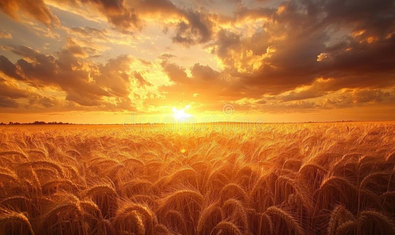 Vast Wheat Field at Sunset, Golden Hues, Dramatic Clouds Stock Photo ...