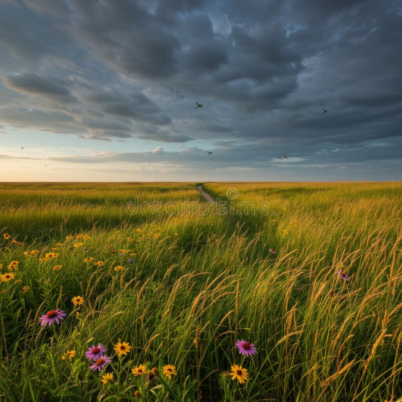 Vast Wildflower Meadow Path Under Dramatic Sunset Sky Stock ...