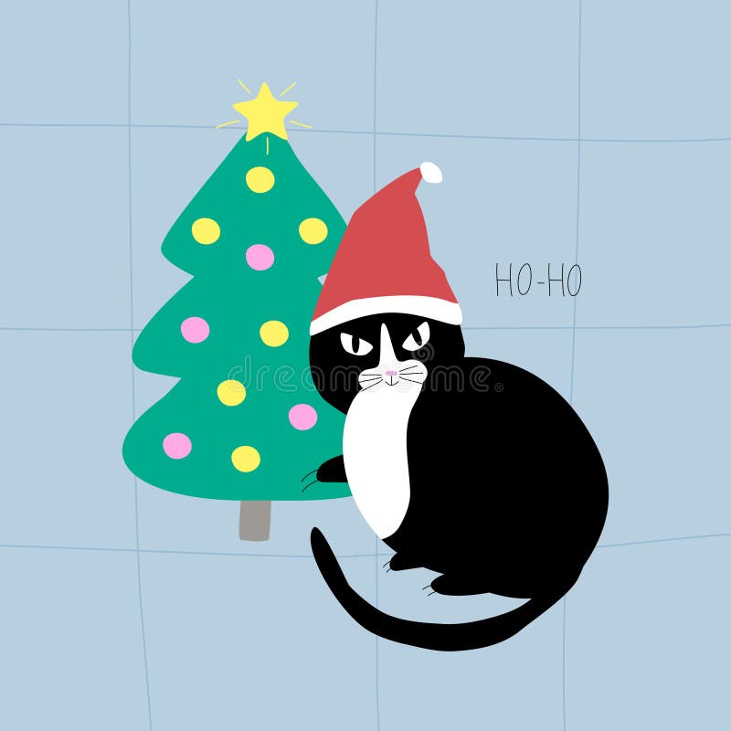Angry Black Cat with Santa Hat and Christmas Tree. Christmas Card "HO ...