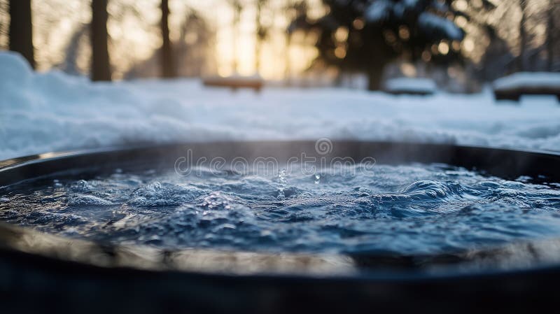A Vat of Hot Water Against the Backdrop of a Winter Landscape. the ...