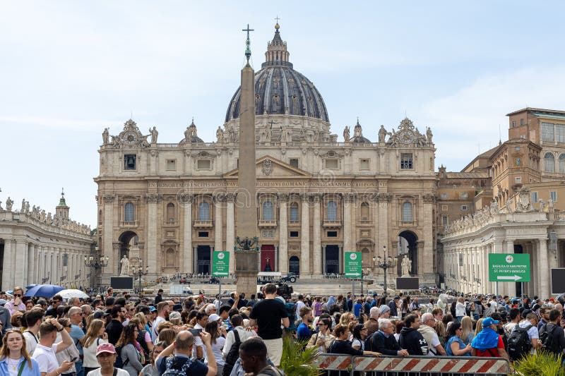 Vatican - April, 23, 2025: Obelisk and Crowd in Front of St Peters ...