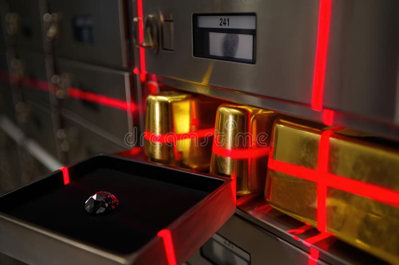 Vault Containing Gold Bars and a Diamond Under Red Laser Security in a ...