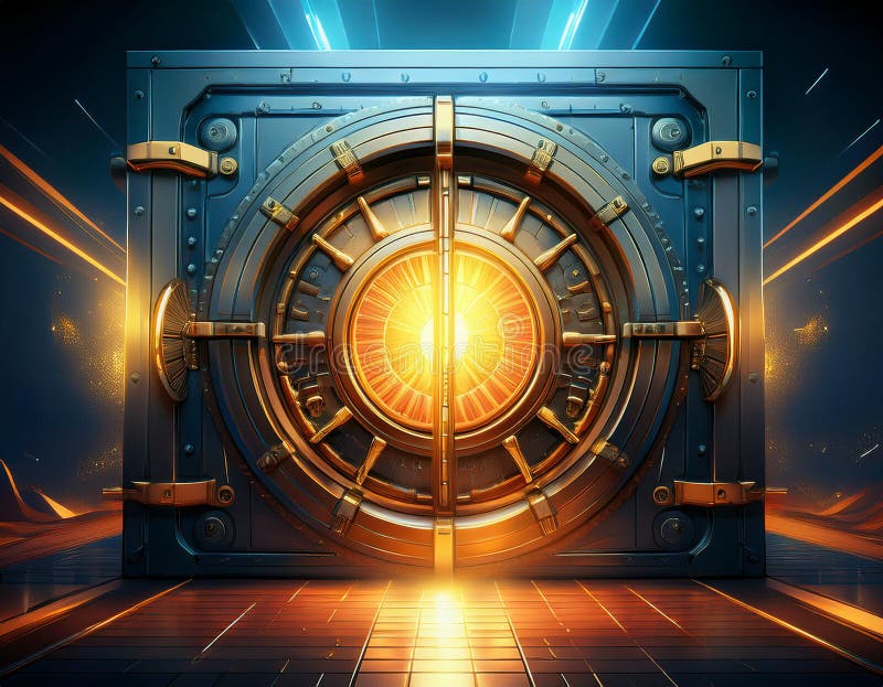 A Vault Door Half Open with Light Shining through Stock Illustration ...