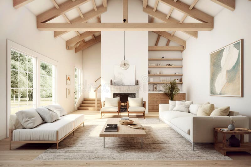 Vaulted Ceiling in Room with Two White Sofas and Armchairs. Interior ...