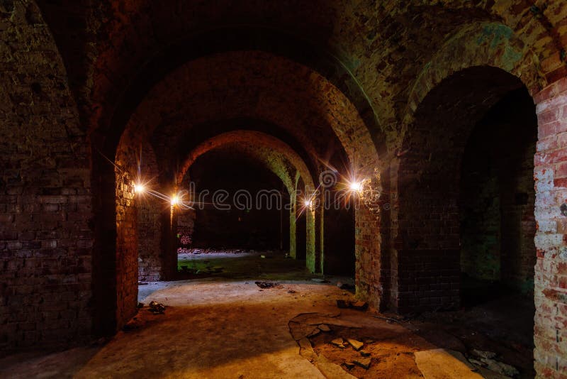 Dungeon Under the Old German Fortress Illuminated by Lantern and ...