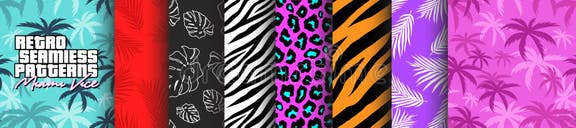 Miami Vice Retro Seamless Patterns. Graphic Collection for Hawaiian ...