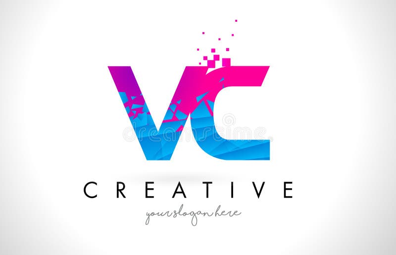 VC V C Letter Logo with Shattered Broken Blue Pink Texture Design ...
