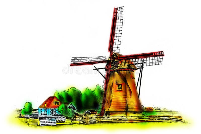 Vecchio Retro Disegno D'annata Del Mulino a Vento Illustrazione di ...