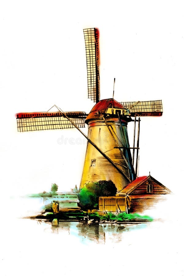 Vecchio Retro Disegno D'annata Del Mulino a Vento Illustrazione di ...
