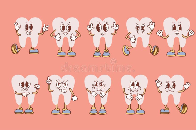 Set of Groovy Tooth Cartoon Characters. Funny Healthy White Molars with ...