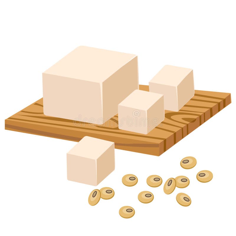 Fresh Tofu Cubes on Wooden Board with Soybeans Stock Illustration ...