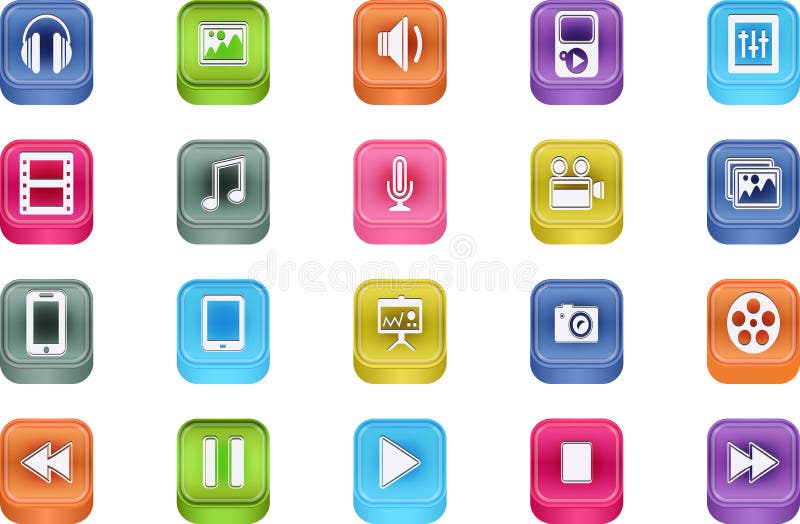 Vector 3d Quadrat Multimedia Bevel Icons Stock Vector - Illustration of ...