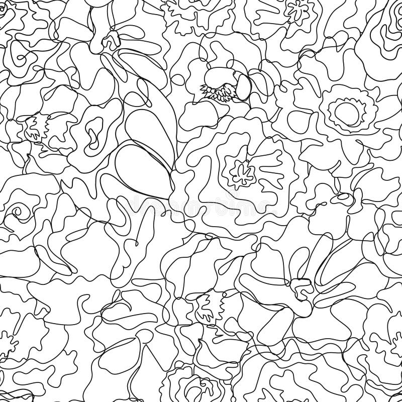 Vector Abstract Continuous Line Seamless Floral Pattern. Hand Drawn ...