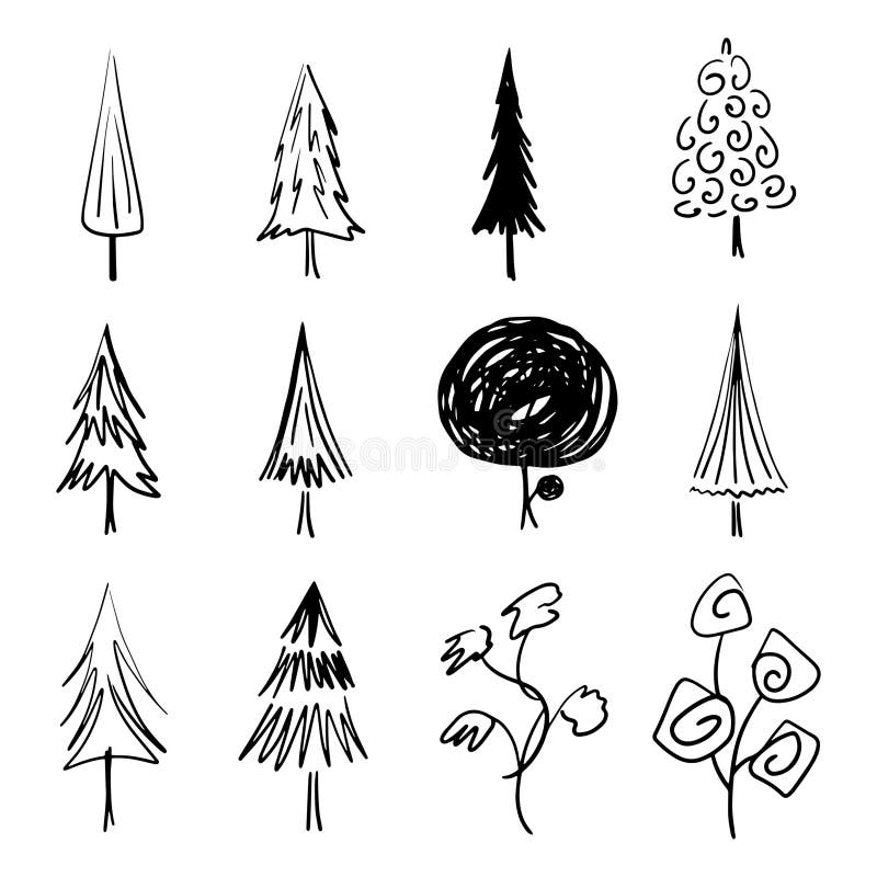 Vector Abstract Doodle Hand Drawn Set Black Thin Line Trees Stock Vector - Illustration of decor ...