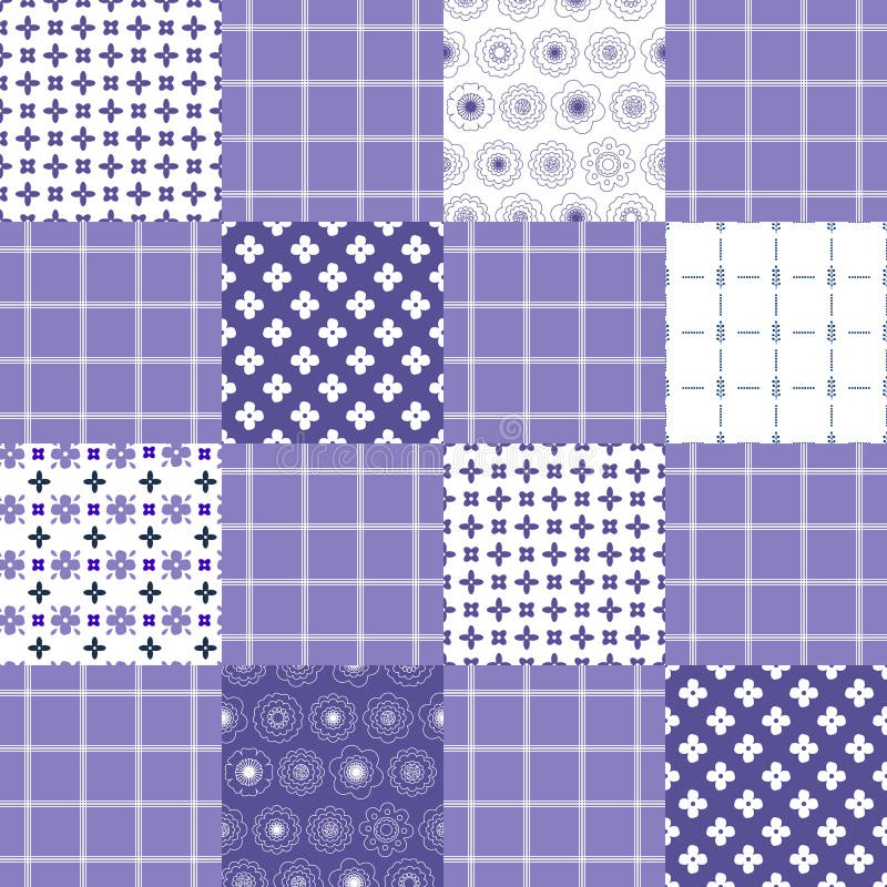 Vector Abstract Seamless Patchwork Pattern with Blue Geometric and Floral Simple Ornaments ...
