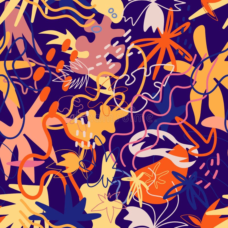 Vector Abstract Seamless Pattern with Hand Drawn Plant Elements ...