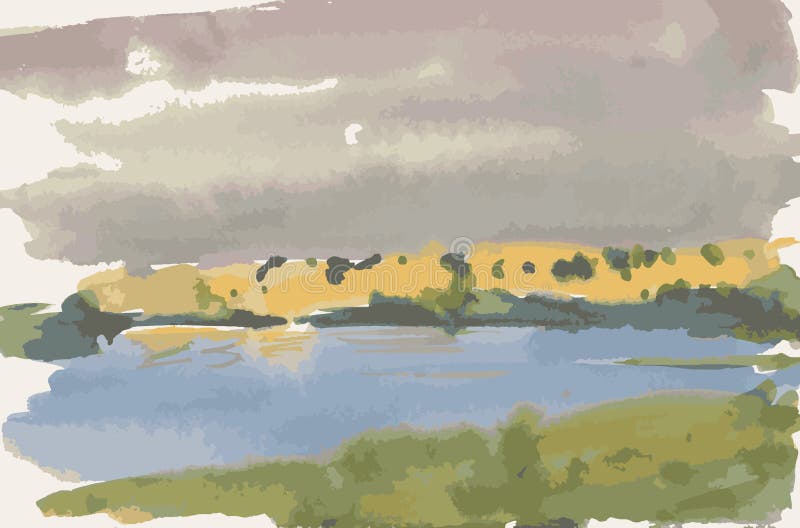 Vector Abstract Watercolor Sketch of Landscape Riverside with Cloudy ...