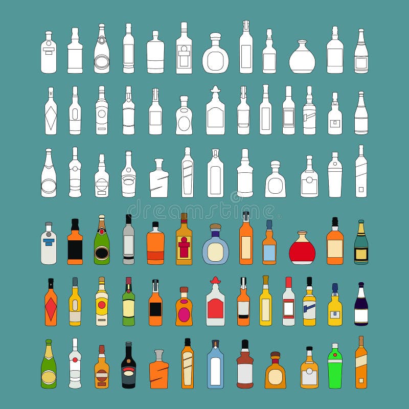 Vector Alcohol Bottles Line Icons Set. Flat Design Alcohol Bottles ...