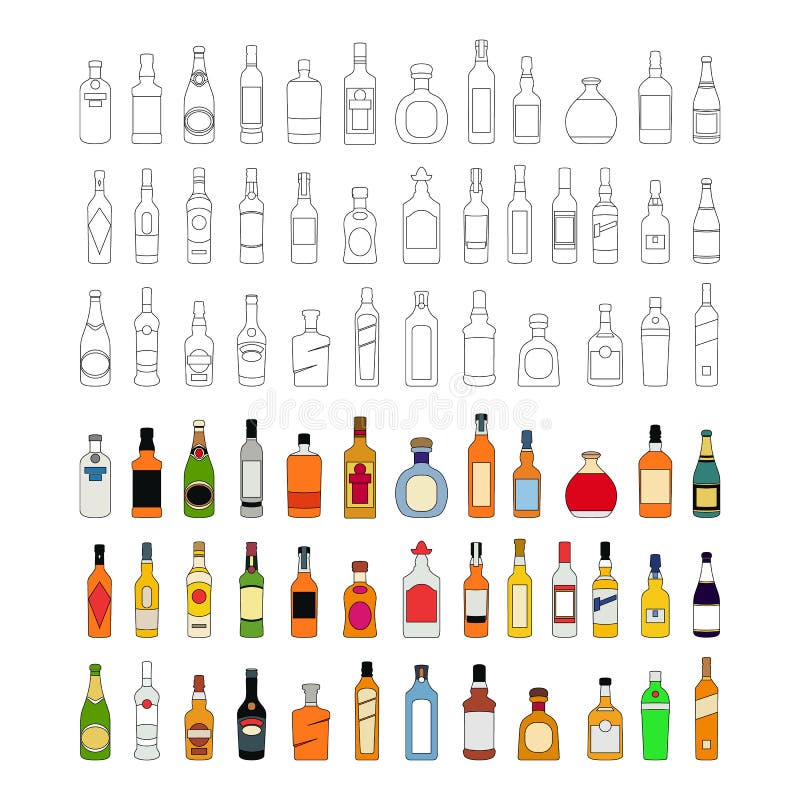 Vector Alcohol Bottles Line Icons Set. Illustration Drinks. Object for ...
