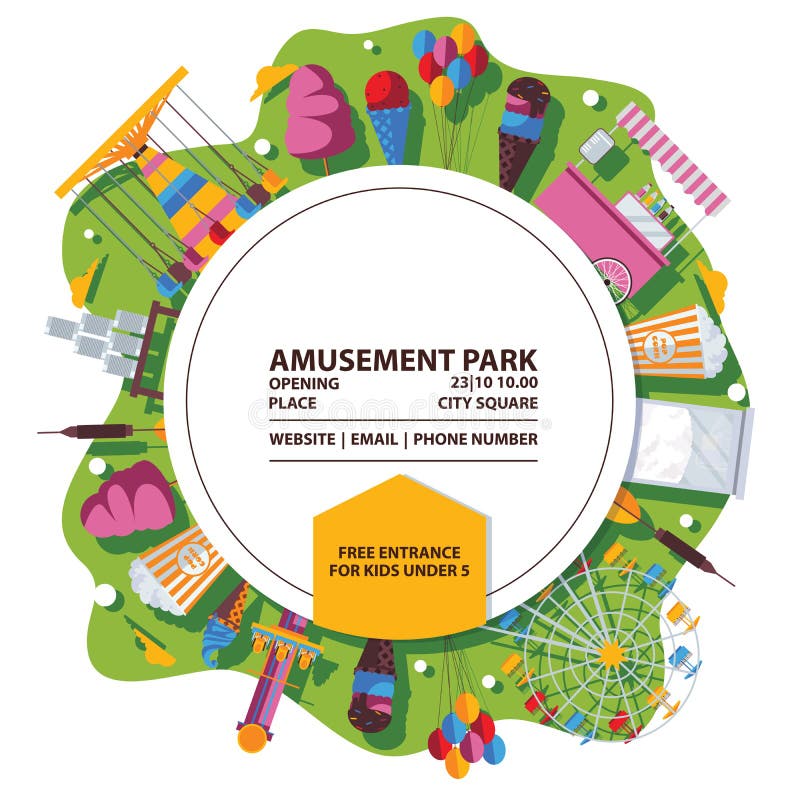 Vector Amusement Park Poster. Bright Composition with Flat Objects and ...