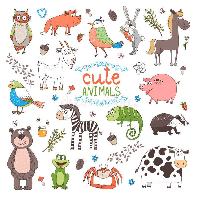Set of Cute Vector Cartoon Wild Animals Stock Vector - Illustration of ...