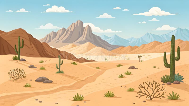 Desert Animation Landscape with Sand and Mountains Stock Illustration ...