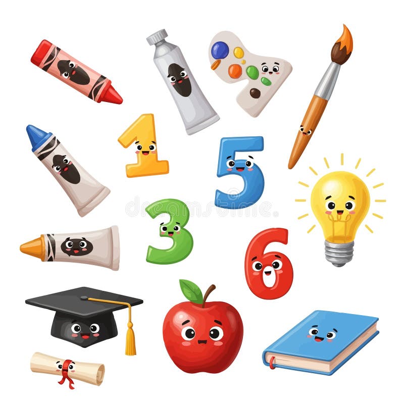 Vector Art of Cartoon Education Themed Objects Including Numbers, Art ...