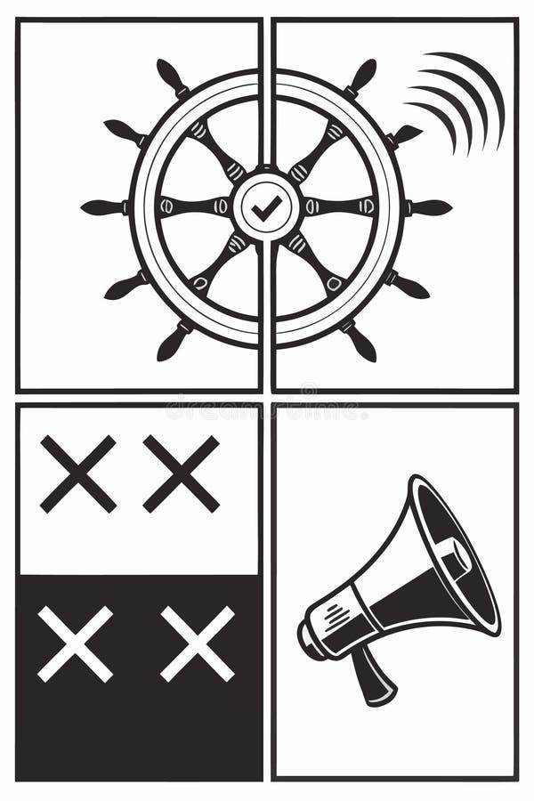 Vector Art of Composition of Ship Wheel, Cross, Megaphone, with Wave ...