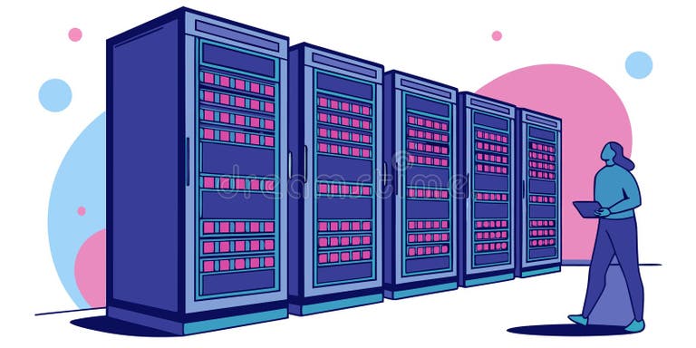Vector Art of Data Center with Server Racks and a Woman, Representing Cloud Computing and Data ...