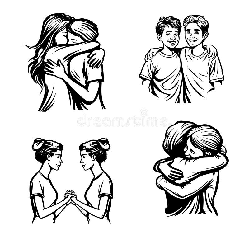 Vector Art Drawing of People Hugging Stock Illustration - Illustration ...