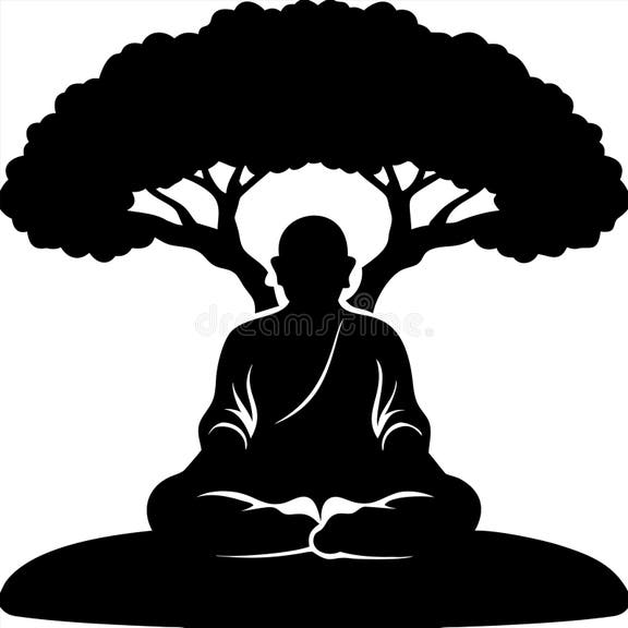 Meditation Silhouette of Monk Under Spreading Tree for Calmness and ...