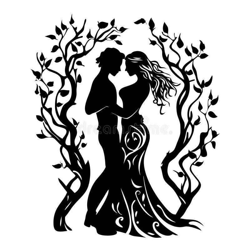Romantic Couple Silhouette Embracing Amidst Ornate Tree Branches Vector ...