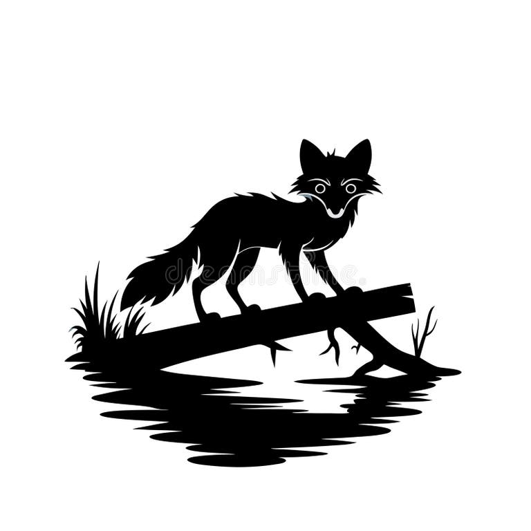 Silhouette Fox on Log Over Water Vector Art for Nature Illustrations ...