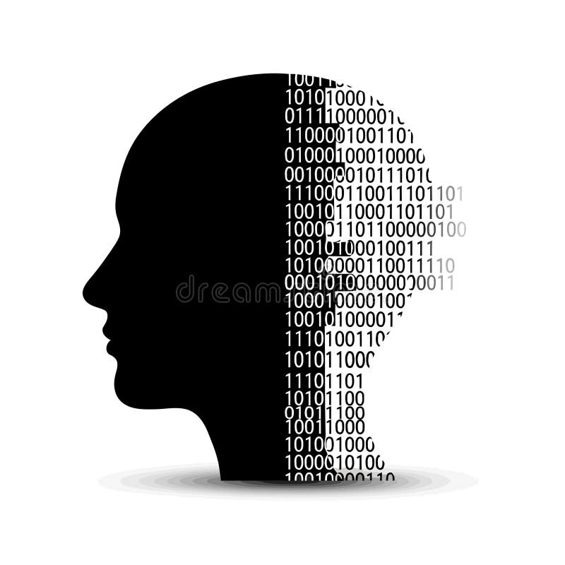 Vector Art of Human Head Silhouette with Binary Code Representing ...