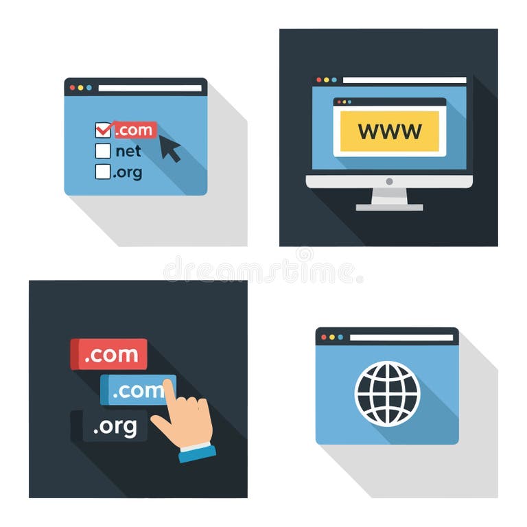 Vector Art of Icons Representing Domain Selection, a Website on a Computer Screen, and a Globe ...