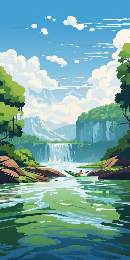 Vector Art Illustration of Serene Waterfall River Stock Illustration ... Vector Art Illustration of Serene Waterfall River Stock Illustration ...